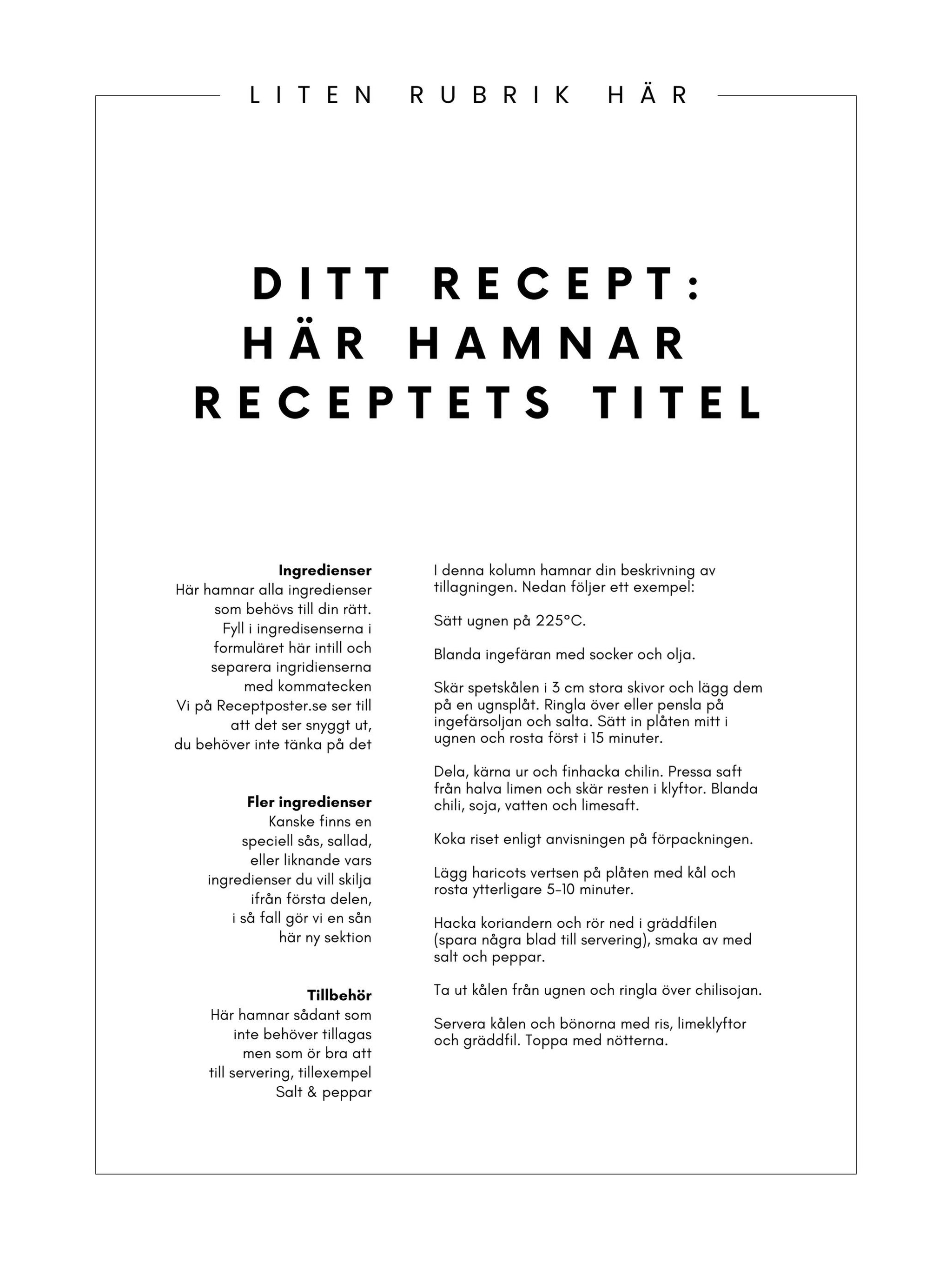 Personlig poster med eget recept: Minimalistisk – ReceptPoster.se