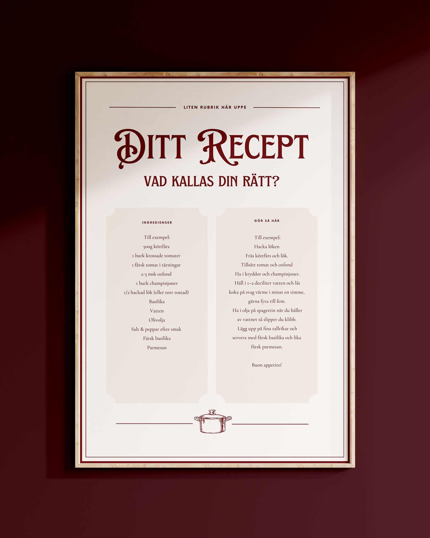 Personlig poster med eget recept: Trattoria – ReceptPoster.se
